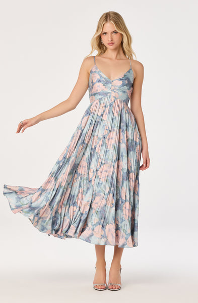 ASTR THE LABEL ASTR the Label Maeve Pleated Midi Dress with V-Neckline